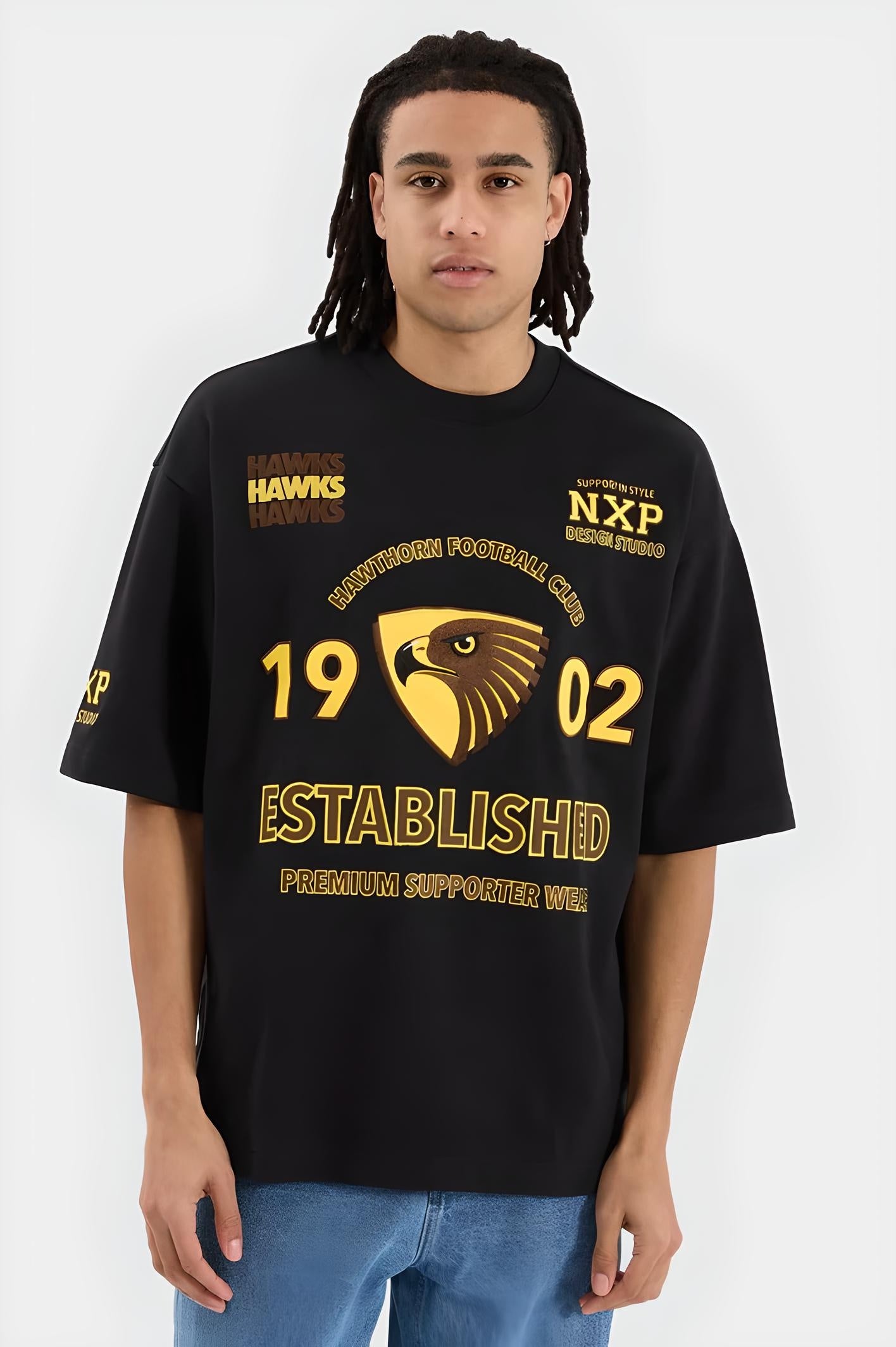 NENA & PASADENA ¬†AFL Mens Hawthorn Hawks Mega Loop Back Tee - Jet Bla ...