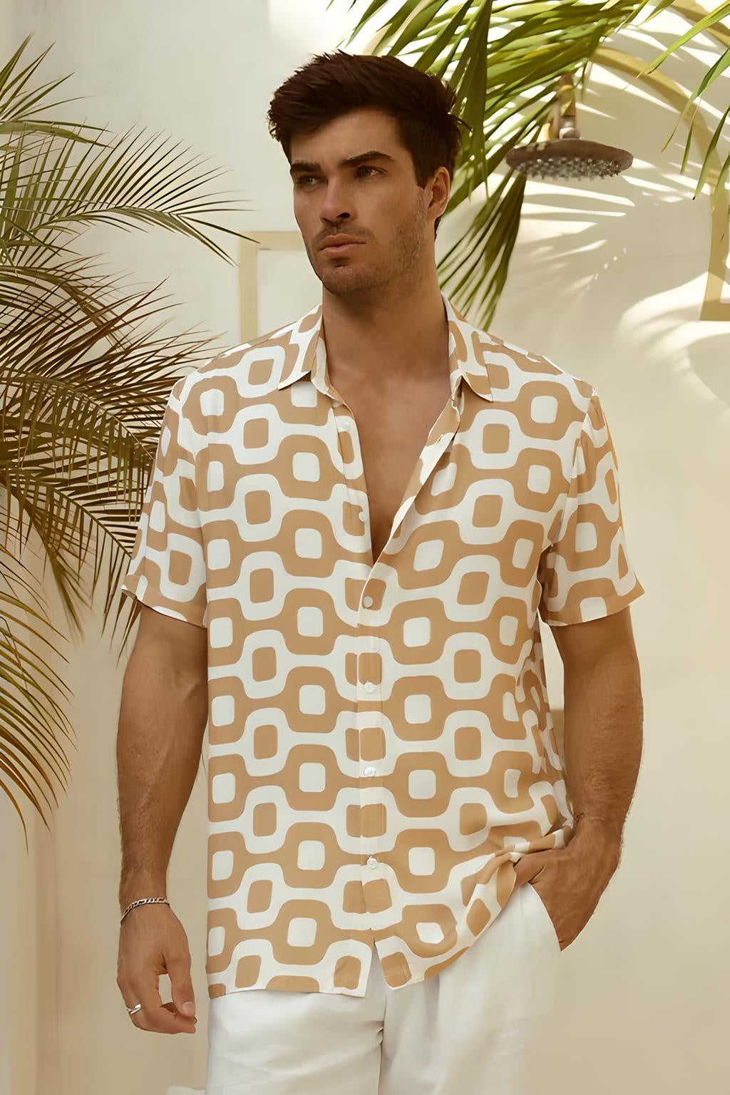 RUNAWAY Mens Mason Short Sleeve Shirt - Sand White Print – Elwood 101
